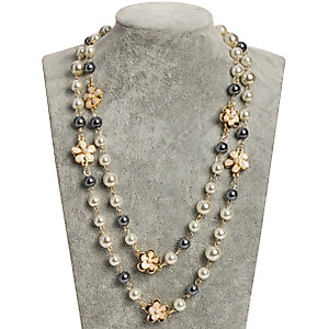 Designer Inspired Long Double Pearl Strand Layered Camellia Flower Pendant Necklace for Women, Dainty Sweater Necklace for Party, Vintage Costume Jewelry