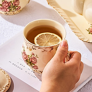 YOLIFE Tea Cup with Lid, 12 oz Tea Cup with lid and Spoon, Ceramic Flower Tea Cups Birthday Gift for Mom Women (Pink Rose)