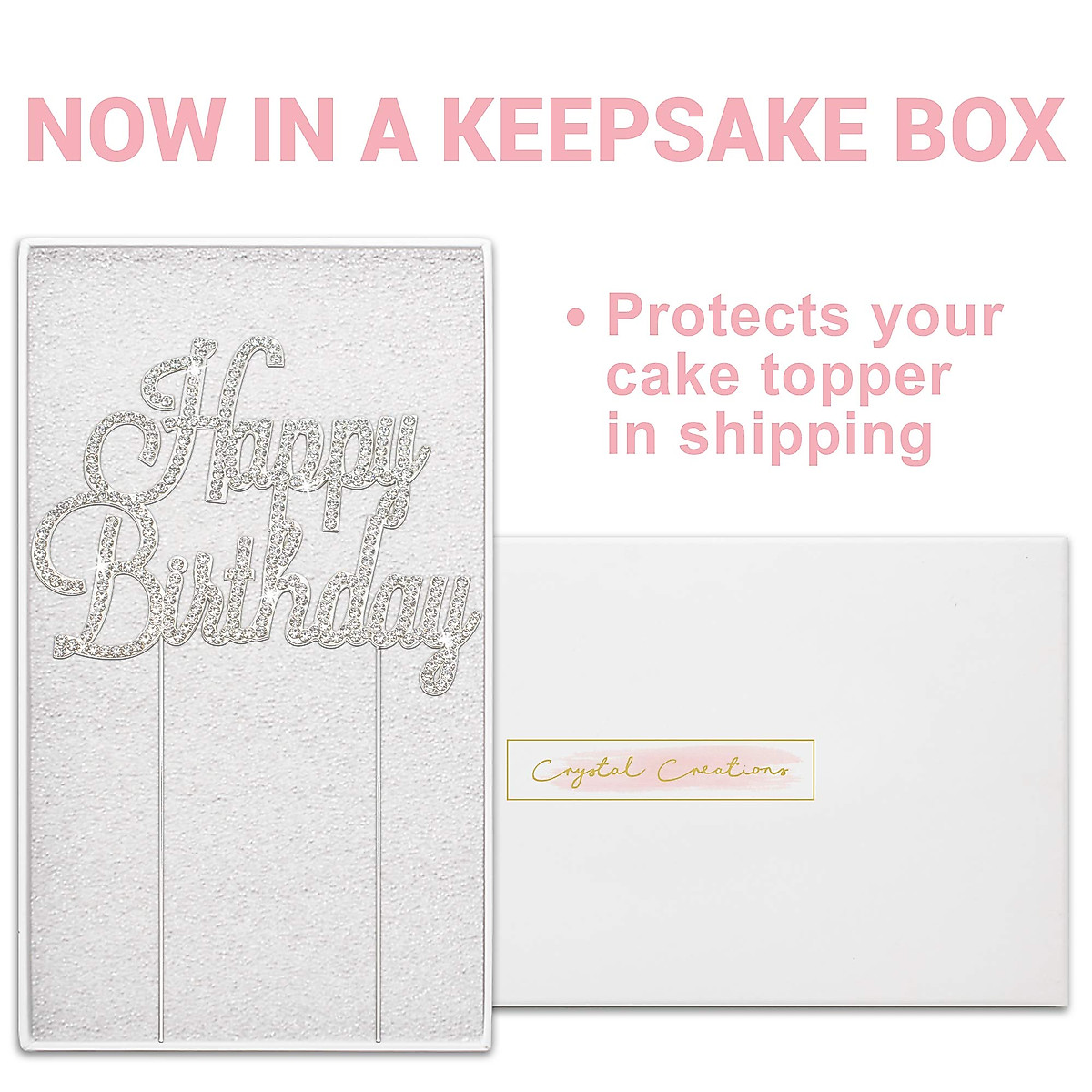 Happy Birthday Cake Topper - Premium Silver Metal - Happy Birthday Party Sparkly Rhinestone Decoration Makes a Great Centerpiece - Now Protected in a Box