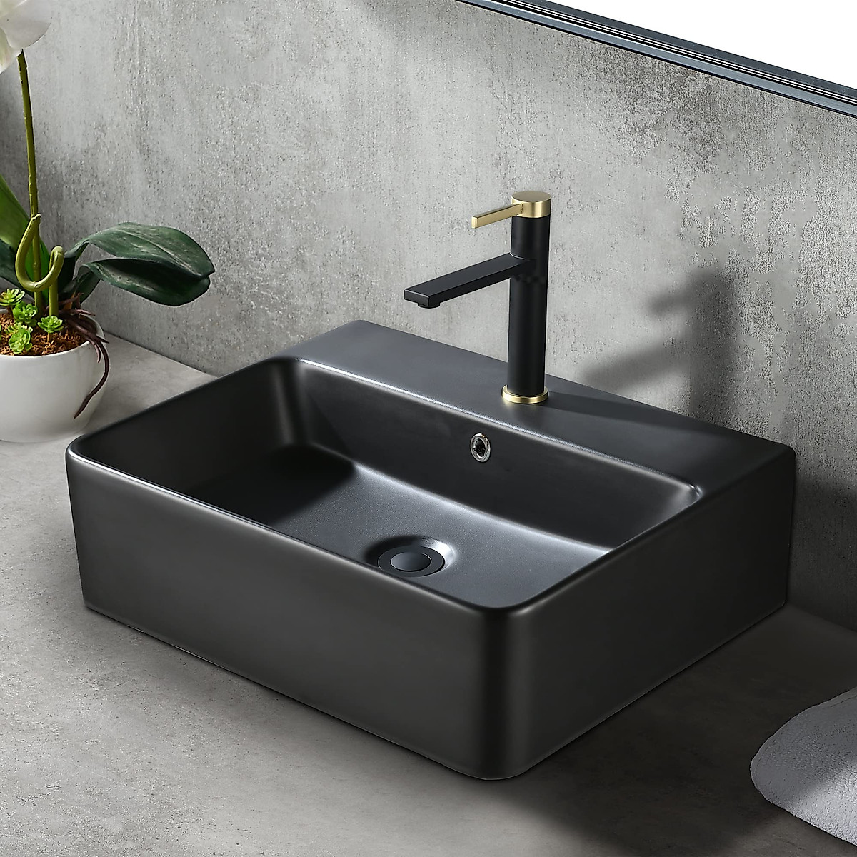 IKEBANA Wall Mount Sink Black,Modern Vessel Bathroom Sink 21"X 17",Modern Floating or Countertop Ceramic Washing Bathroom Sink,Black Rectangle Wall Mounted Lavatory Sink
