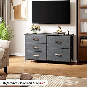 Nicehill Dresser for Bedroom with 5 Drawers, Storage Drawer Organizer, Wide Chest of Drawers for Closet, Clothes, Kids, Baby, TV Stand with Storage Drawers, Wood Board, Fabric Drawers(Black Grey)