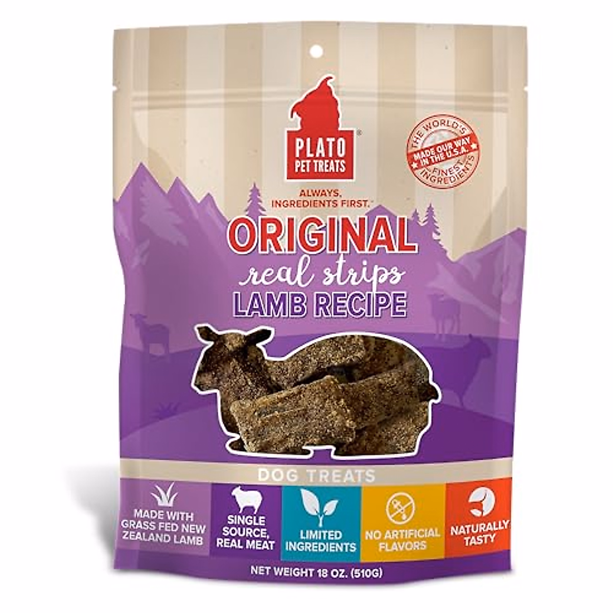 PLATO Original Real Strips Natural Dog Treats - Real Meat - Air Dried - Made in The USA - Lamb Flavor, 18 Ounces