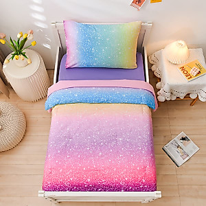 Holawakaka 4PCS Ombre Toddler Bedding Set, Colorful Gradient Stars Comforter Sheet Sets for Baby Girl Toddler Girls (Multi-Color)