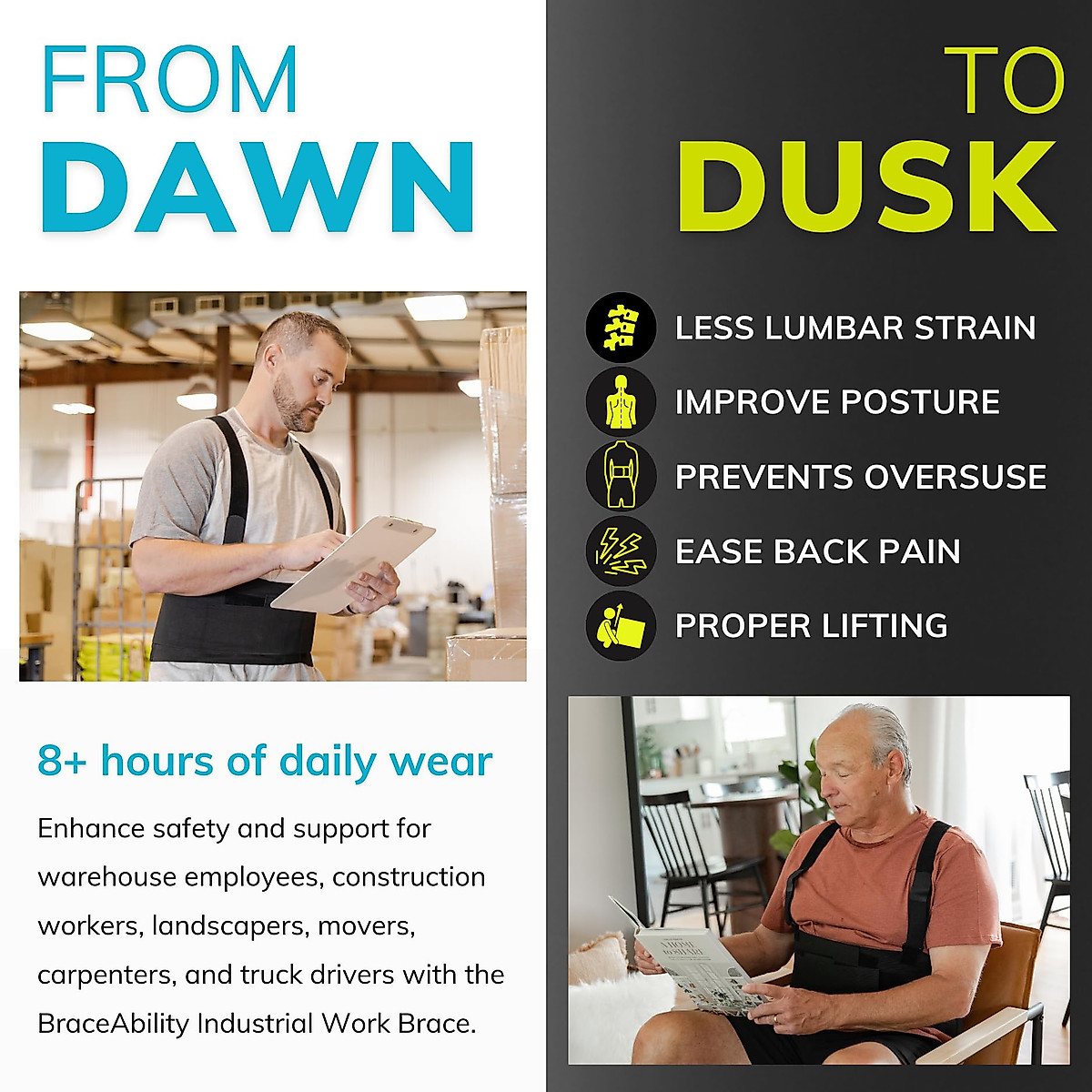 BraceAbility Work Back Brace - Industrial Lower Back Pain Protection Belt for Men and Women, Construction, Moving, Warehouse Jobs - Removable Suspender Shoulder Straps for Heavy Lifting Safety (L)