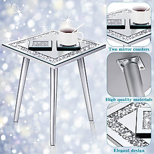 Mirrored End Table with Glass Mirrored Coasters Modern Silver Accent Table Bling Mirror Side Table Crushed Crystal Coasters Crushed Diamond Cup Mat for Living Room Home Kitchen (Square, 3 Pcs)
