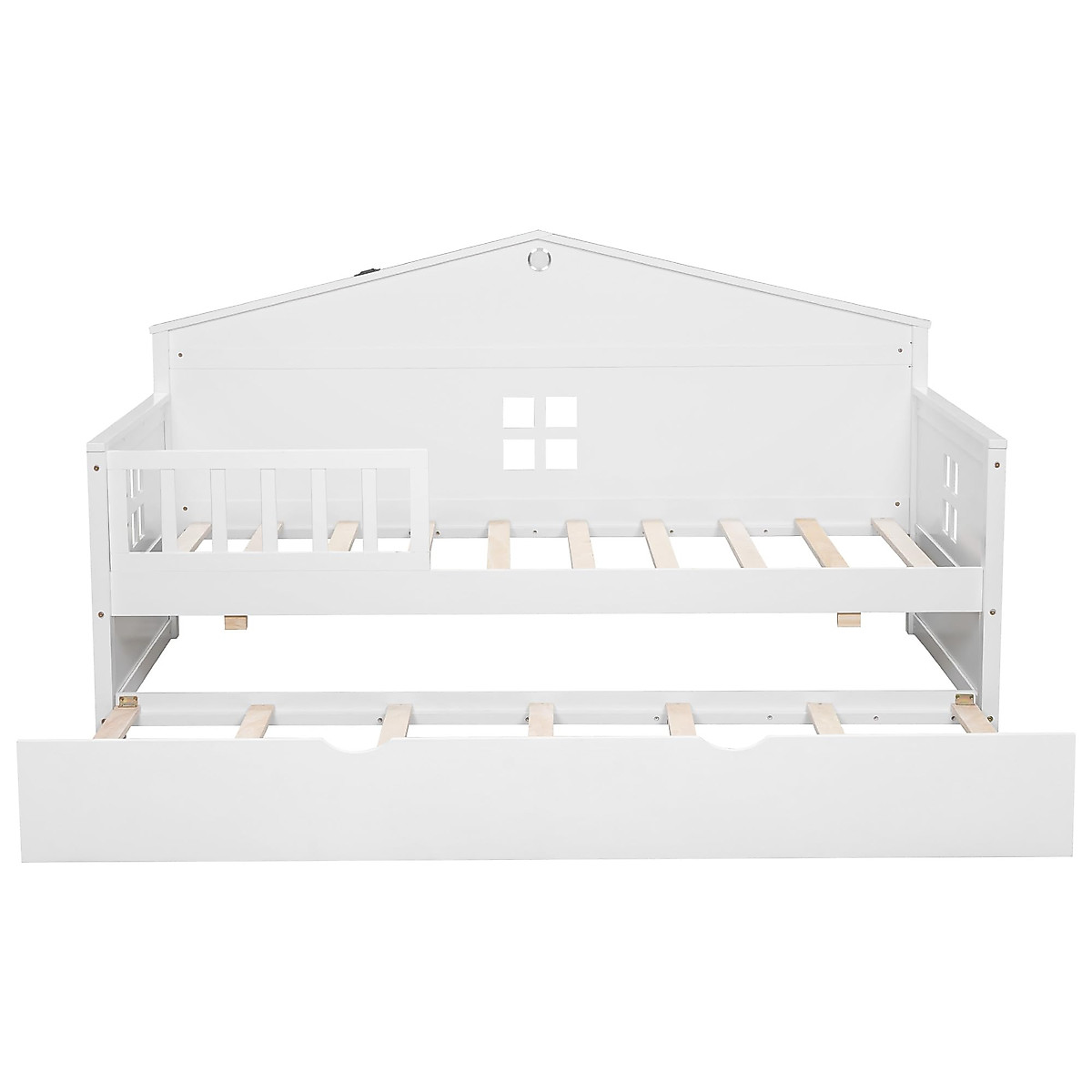 MERITLINE Twin Size Daybed with Trundle and Sensor Light, Wood Daybed Sofa Bed with Charming House-Shaped Backboard,Kids Bed Frames with Windows and Safety Rails,White