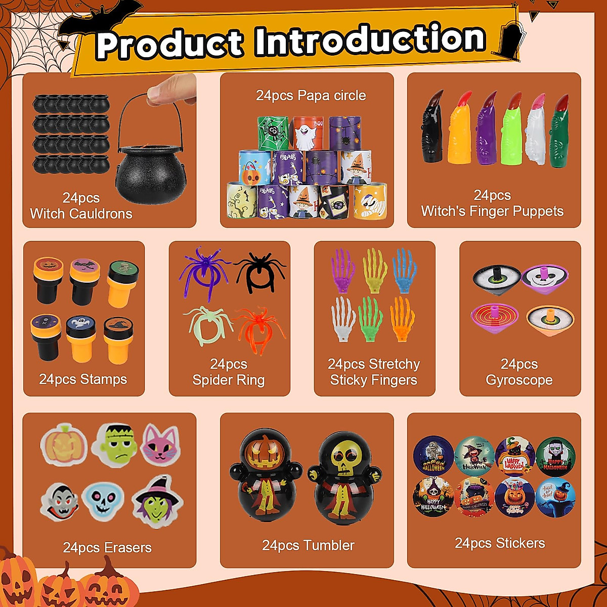 APROAT 240 PCS Halloween Party Favors for Kids Bulk, 24 Pack Prefilled Small Plastic Witch Cauldron,Halloween Toys for Trick or Treat,Halloween Prizes for Kids Party