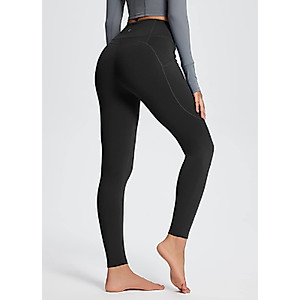 BALEAF Women's Fleece Lined Leggings with Pockets 25" Petite Thermal Winter Warm High Waisted Thick 7/8 Yoga Pants Black S