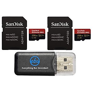SanDisk 256GB Micro SDXC Extreme Pro Memory Card (2 Pack) Works with GoPro Hero 8 Black, Max 360 Cam U3 V30 4K Class 10 (SDSQXCZ-256G-GN6MA) Bundle with (1) Everything But Stromboli MicroSD Reader