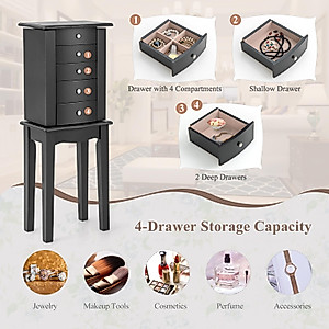 LUARANE Wooden Jewelry Cabinet, Jewelry Storage Organizer with Top Flip Mirror 4 Drawers, 2 Side Doors with Hooks and Compartments, Free Standing Jewelry Armoire with Solid Wood Legs, Black