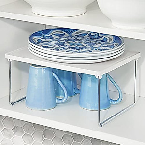 mDesign Metal Stacking Storage Organization for Shelves Inside Cabinets in Kitchen, Pantry, Cupboard, or Fridge/Freezer - Organizer Stand for Food, Plates, Bowls, Mugs, Ligne Collection, 2 Pack, White