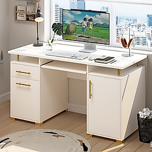 MaverickFurni White and Gold Executive Desk with Drawers, 55 Inch White Desk with Keyboard Drawers, White and Gold Desks for Bedrooms, White Computer Desk with File Cabinet for Office