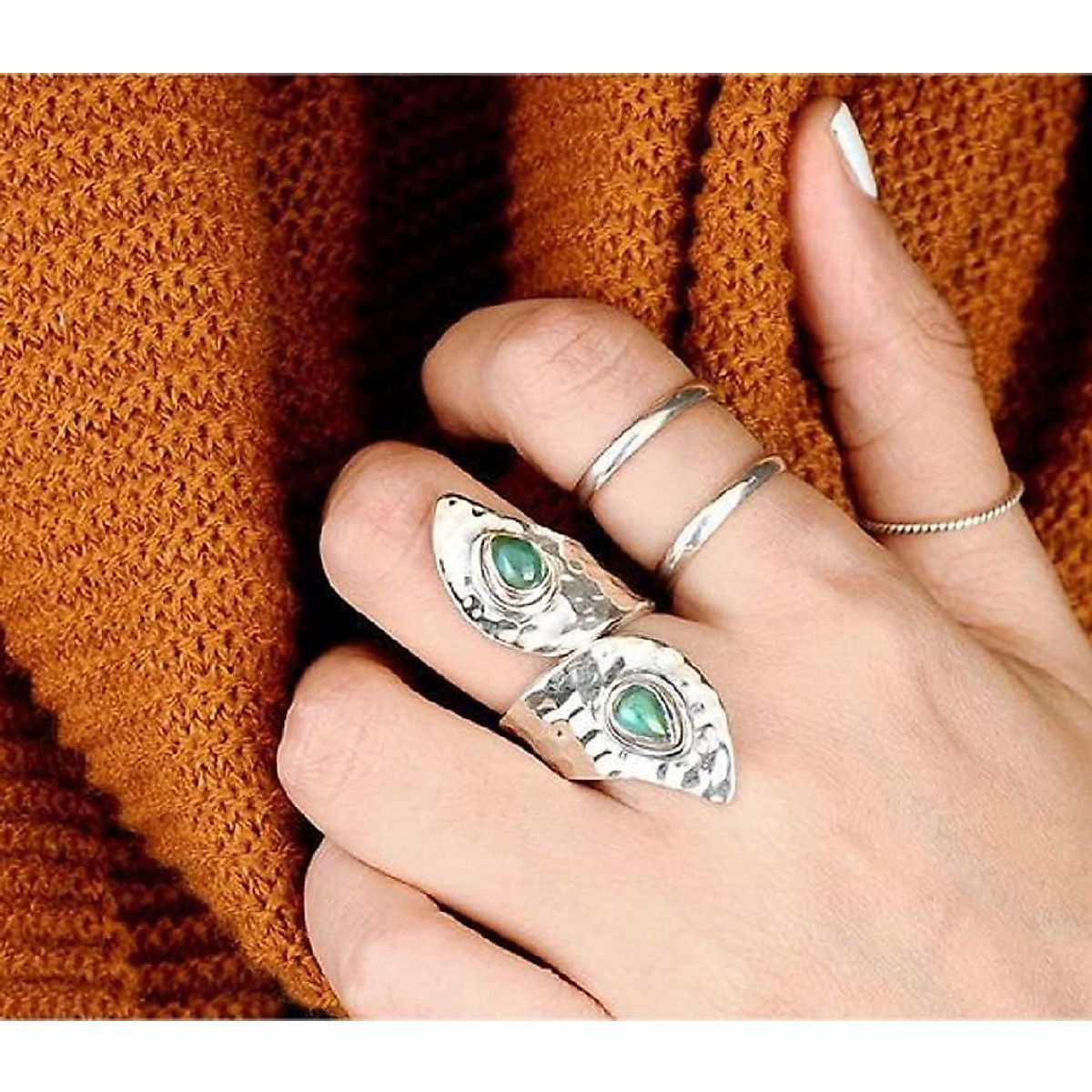 KOICCVQQ Fashion Silver Natural Bohemia Turquoise Ring Gem Faux Hypoallergenic Retro Charm Gypsy Style Eternal Ring Size 11