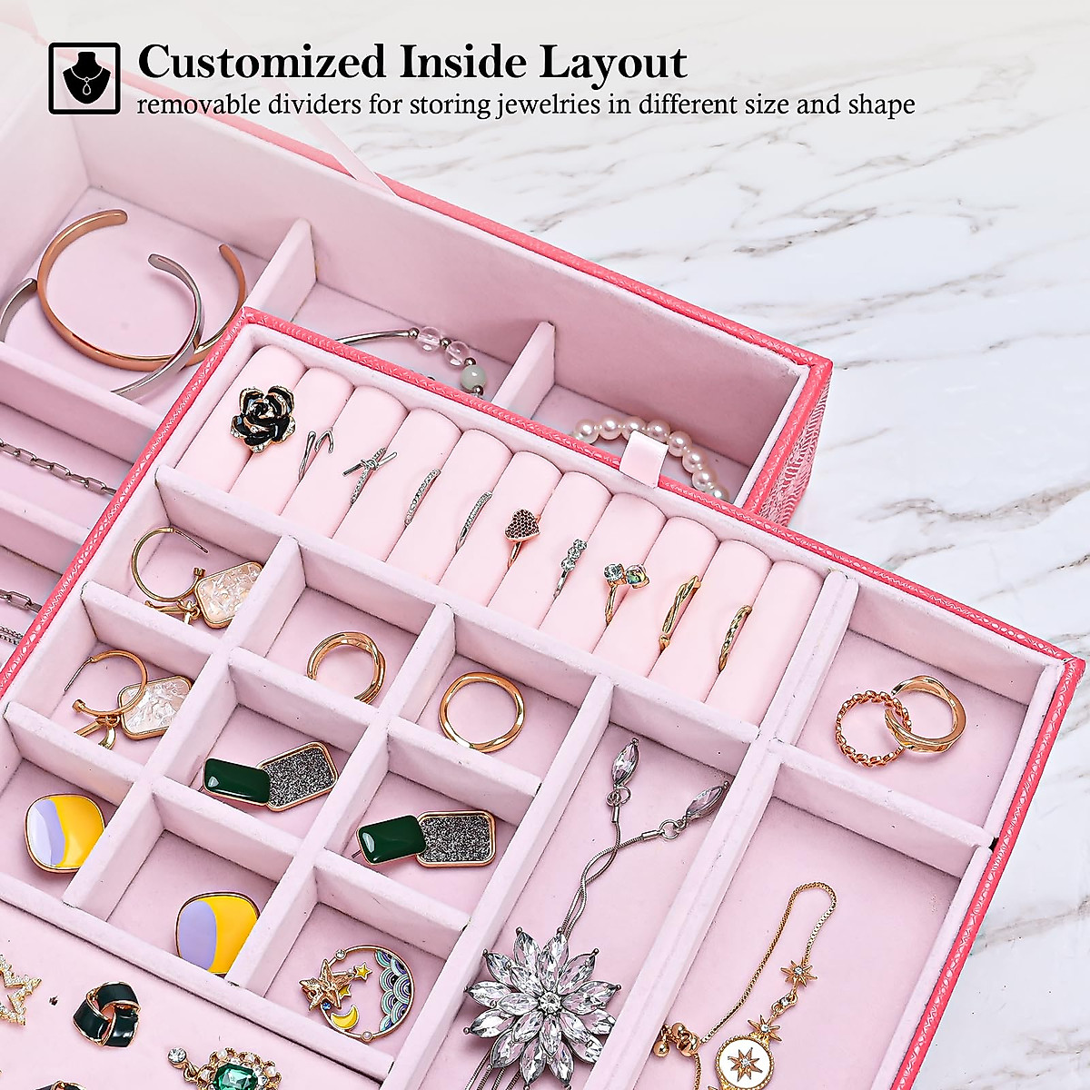 ProCase Jewelry Box for Women, 2 Layers Large Leather Jewelry Organizer Storage Case with Removable Pad for Earrings -Watermelonred