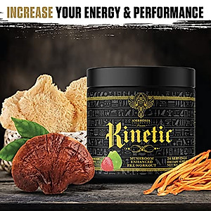 Ambrosia Kinetic Organic Preworkout, Mushroom Enhanced Natural Pre Workout Supplement, Nootropic Superfood Powder for Energy (Strawberry Guava)