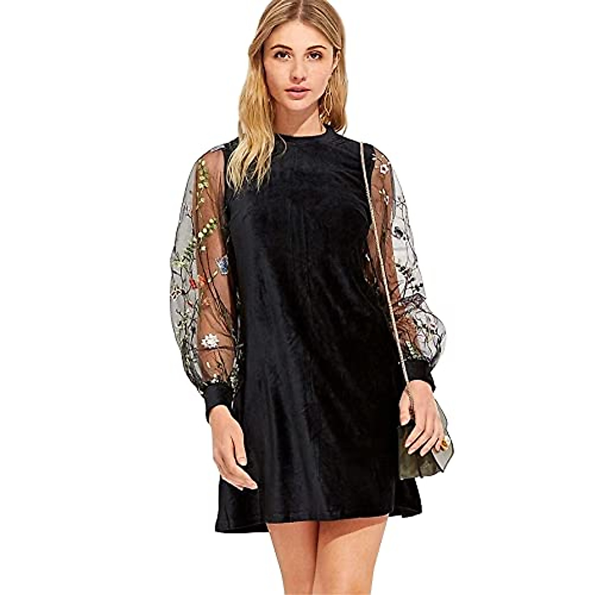 DIDK Women's Mesh Long Sleeve Pullover Tunic Dress Velvet Black XX-Large