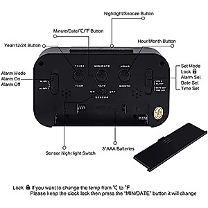 Lesipee Digital Alarm Clock, Clock for Bedroom, Desk Clock Battery Operated, Digital Clock with Smart Night Light 12/24H Display Snooze function for Heavy Sleepers