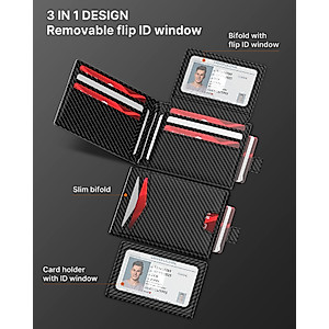 Wallet for Men with Stealth Pocket for Airtag: Leather Wallet with 3 in 1 Design, Removable ID Window, RFID Blocking, 17 Card Capacity, Slim, Carbon Fiber, Bill Divider, Front Wallet with Gift Box