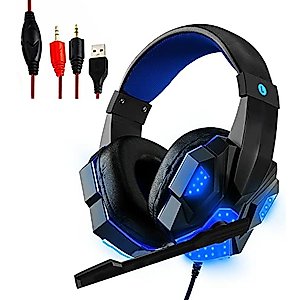 5 CORE Gaming Headset for PS4 PC One PS5 Console Controller, Noise Cancelling Microphone Over Ear Stereo Headphones with Mic, LED Light, Bass Surround, Earmuffs for Laptop Mac NES Games HDP GM1 B