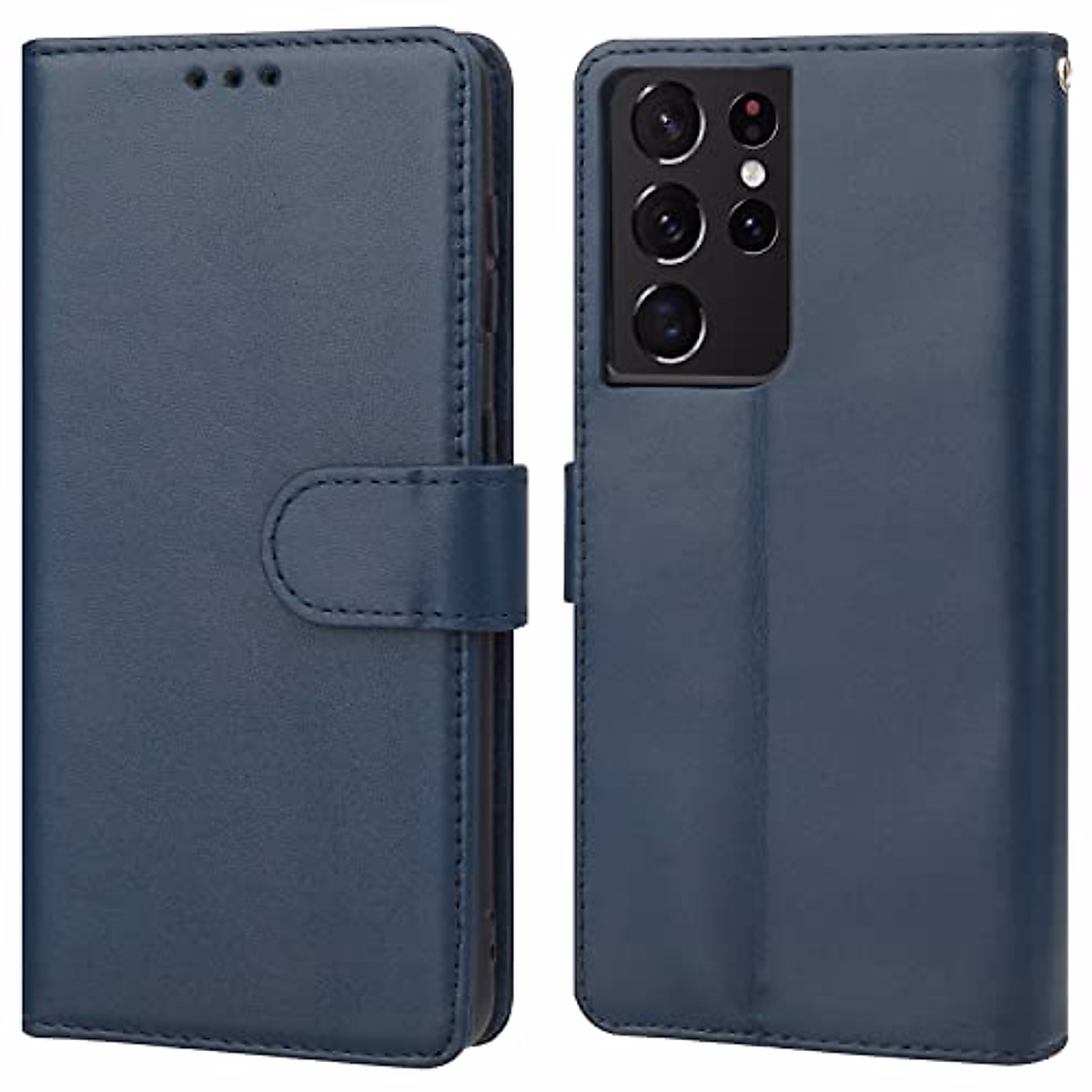 ONETOP for Samsung Galaxy S21 Ultra Wallet Case with Card Holder, Genuine Leather RFID Blocking Kickstand Wireless Charging Compatible, Long Magnetic Clasp Folio Cover with Wrist Strap 6.8 Inch Blue