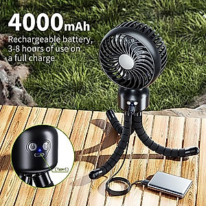 4000mah Stroller Rotatable Operated Fan,Flexible Tripod Clip On Fan with 3 Speeds and Handheld Personal Fan for Car Seat Crib Bike Treadmill