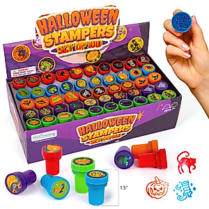 ArtCreativity Bulk Halloween Stampers for Kids - Set of 100 Halloween Stamps - Assorted Trick or Treat Stamper Designs for Halloween - Non-Candy Halloween Trinkets for Kids 3 4 5 6 7+
