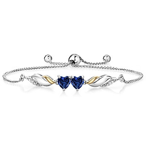 925 Sterling Silver and 10K Yellow Gold Blue Created Sapphire and White Lab Grown Diamond Tennis Bracelet For Women (1.02 Cttw, Gemstone Birthstone, Heart Shape 5MM, Fully Adjustable Up to 9 Inch)