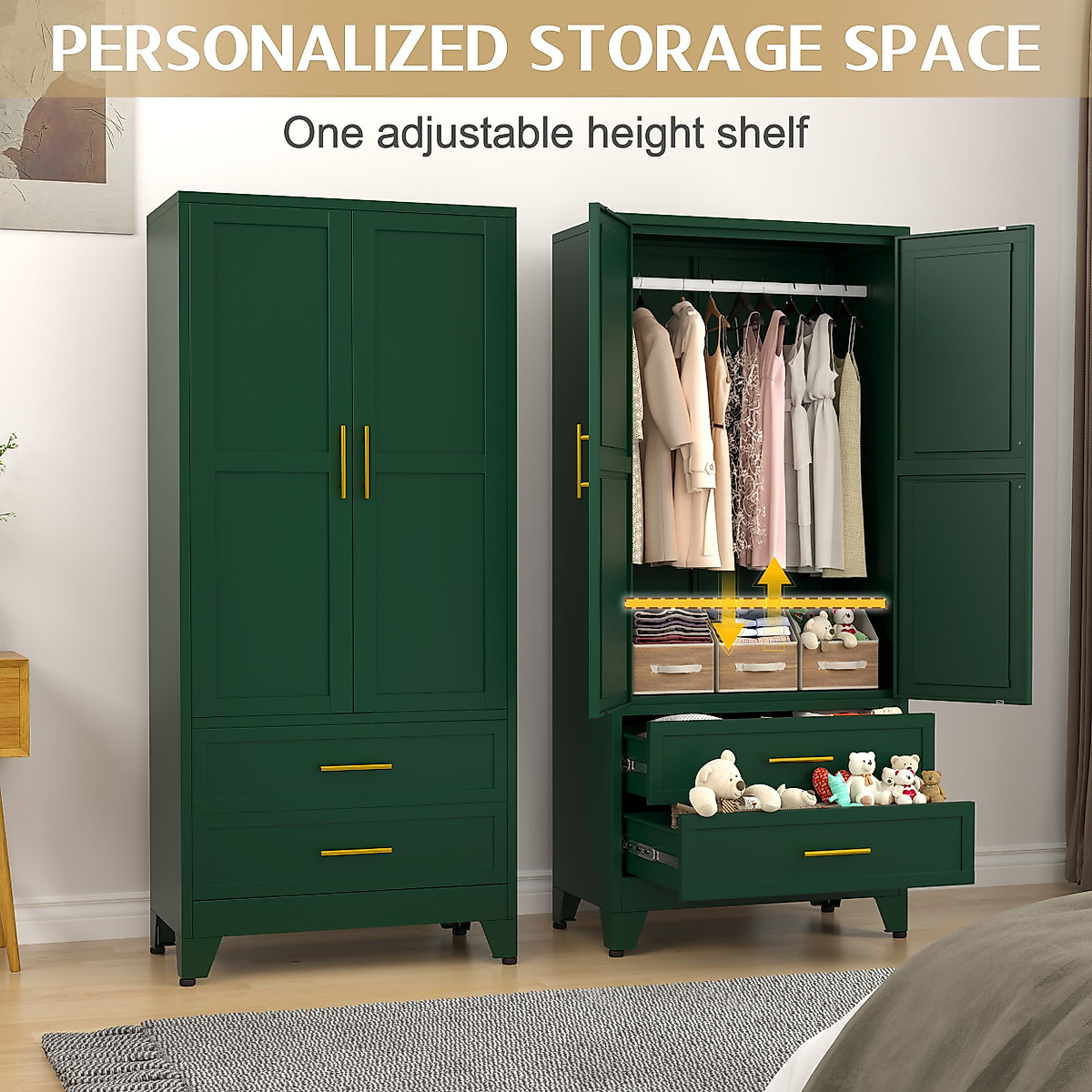 71" Metal Armoire Wardrobe Closet, Metal Wardrobe Cabinet with Hanging Rod (Green)