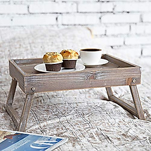 MyGift Vintage Graywashed Wood Bed Tray with Folding Legs - Foldable Breakfast Table Laptop Desk Kitchen Serving Tray
