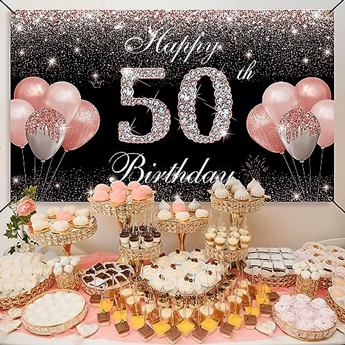HTDZZI 50th Birthday Banner Backdrop, Happy 50th Birthday Decorations for Women Rose Gold, Fabulous 50 Year Old Birthday Party Yard Sign Photo Booth Props Background Decor Supplies, Fabric
