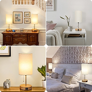 Set of 2 Table Lamps with 2 USB Ports, Modern Bedside, Desk Lamps with Pull Chain, Nightstand Lamps with Cream Fabric Shade and Oak Metal Base for Living Room Bedroom Office Reading Dorm Hotel