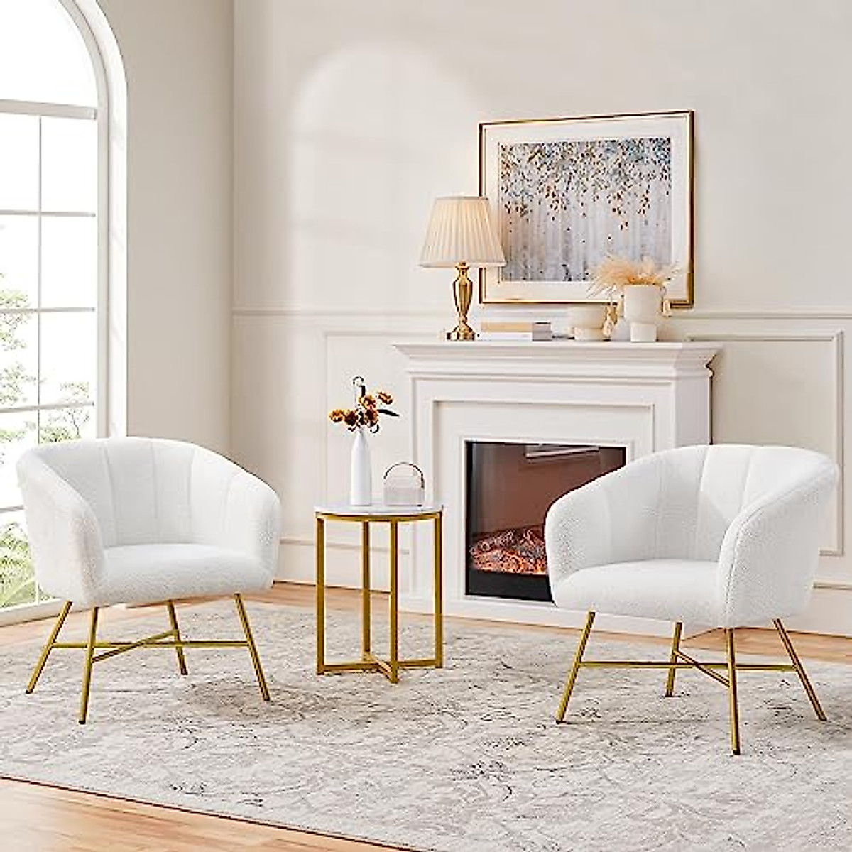 Yaheetech Boucle Barrel Chair, Modern Living Room Chair with Metal Legs and Soft Padded, Comfy Side Chair for Bedroom/Office/Study/Waiting Room, White, 2pcs
