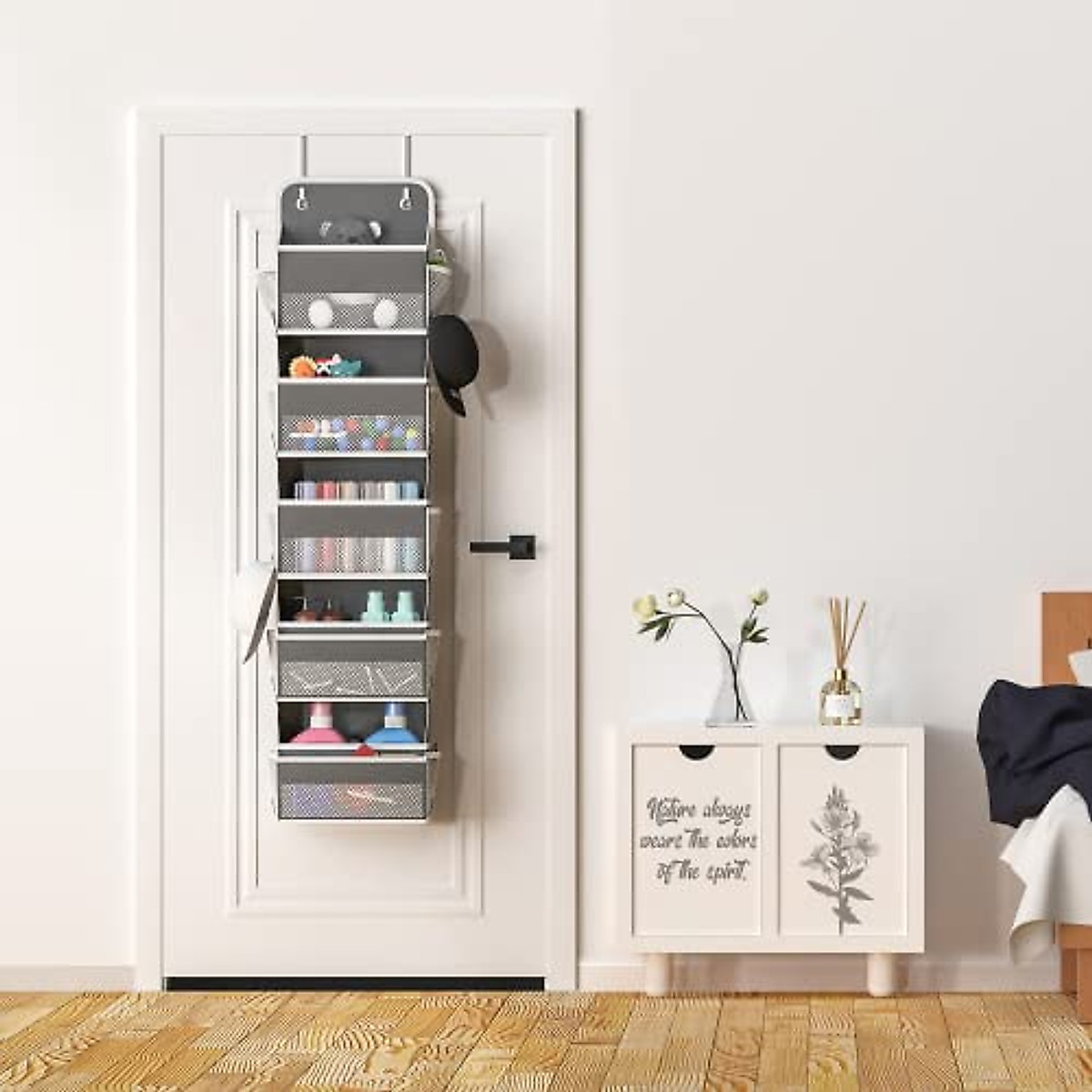 LONGD Over Door Organizer, Nursery Closet Cabinet Baby Storage, Over The Door Hat Rack, 5 Pockets and 2 Grid File Pockets Hanging Storage Boxes,45 lbs. Weight Capacity, 1-Pack