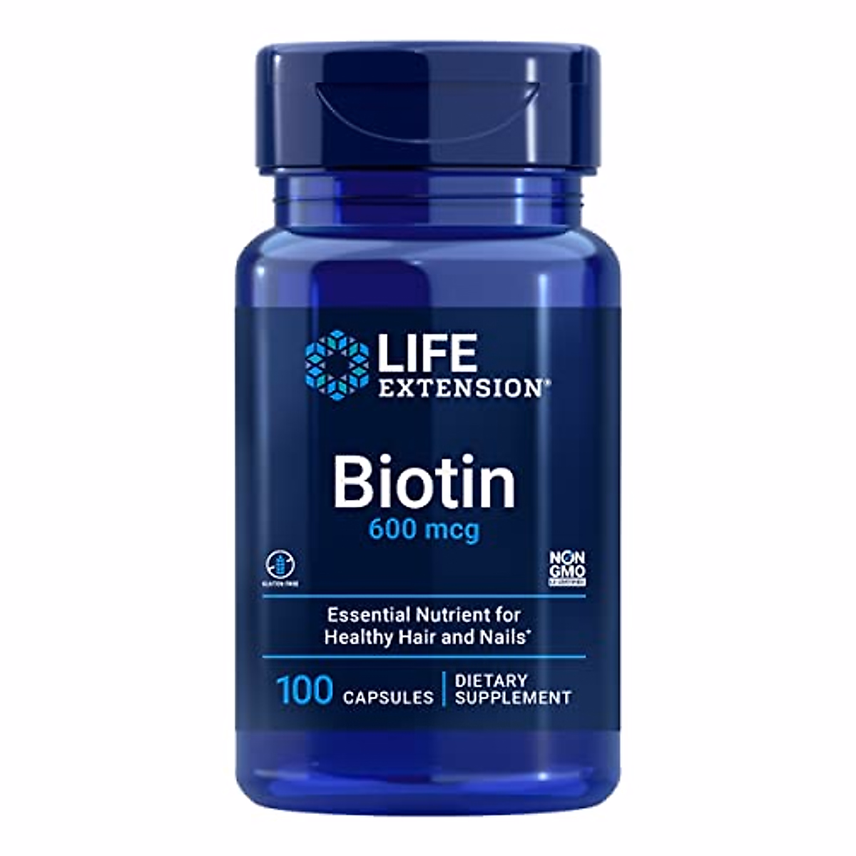 Life Extension Biotin 600 mcg Vitamin B7 Support Supplement for Beautiful Hair, Nails & Beyond – Gluten-Free, Non-GMO - 100 Capsules