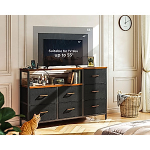 AODK Dresser with Charging Station, 52-Inch Long Dresser for Bedroom with 7 Large Fabric Drawers, Dresser TV Stand with Open Shelves for 55-Inch TV, Vintage
