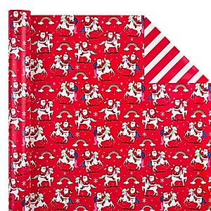 WRAPAHOLIC Reversible Christmas Wrapping Paper - Mini Roll - 17 Inch X 33 Feet - Red Santa Claus and Unicorn, Red and White Stripe Design for Holiday, Party, Celebration