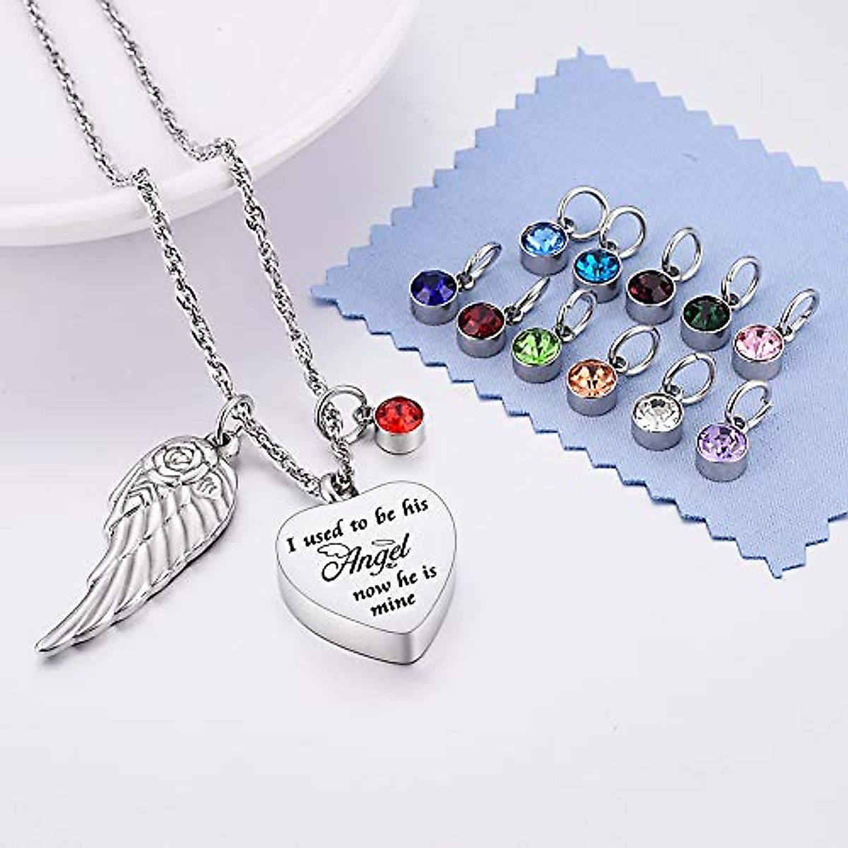Dletay Heart Cremation Necklace for Ashes Angel Wing Urn Necklace with 12 PCS Birthstones-I Used to be His Angel, Now He is Mine