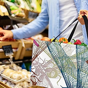 KQNZT Reusable Grocery Bags, Large Foldable Reusable Shopping Tote Bags Bulk for Groceries, Waterproof Kitchen Cloth Produce Bags with Long Handles, Retro Colored Dragonfly