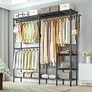 Heavy Duty Clothes Rack Clothing Rack for Hanging Clothes,Large Metal Garment Rack with 4 Tiers Adjustable Wire Shelves&3 Hanger Rods&2 Hooks,Freestanding Closet Wardrobe System,MaxLoad 800lbs