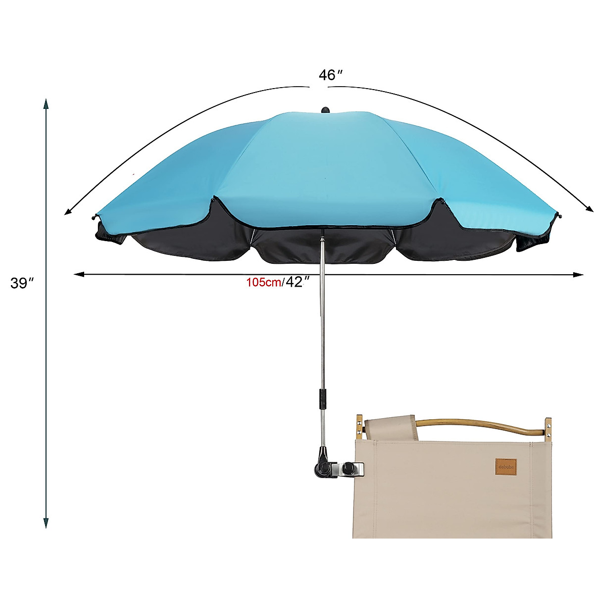 STARRY CITY Chair Umbrella with Universal Adjustable Clamp,46 inch Sun Shade,Clip on Parasol for Patio Chair Beach Chair Wheelchairs Golf Carts (L-Blue)