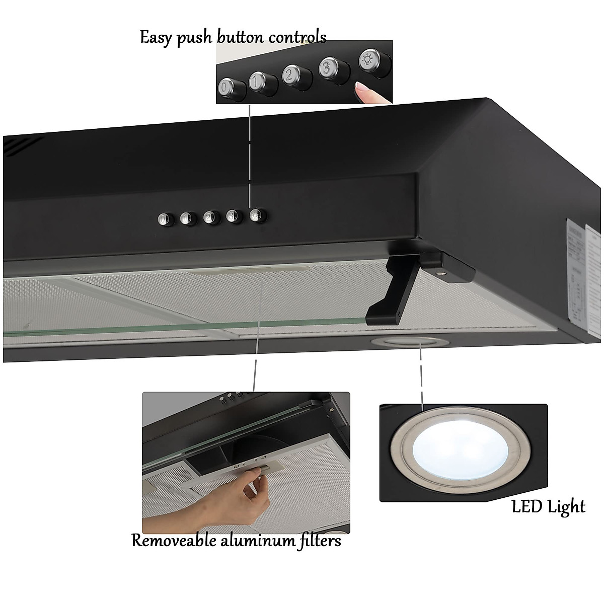 HTH HTHomeprod 36 Inch Under Cabinet Range Hood Stainless Steel Kitchen Stove Vent 3 Speeds Exhaust Fan Black Color