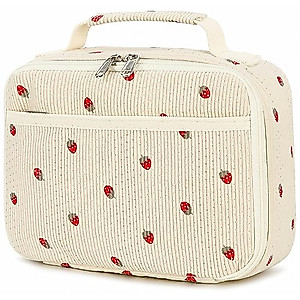 Bluboon Corduroy Insulated Lunch Bag for Girls - Strawberry Beige School Lunch Tote with Cooler Compartment