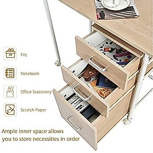 Tangkula Folding Computer Desk with 3 Storage Drawers, Mobile Home Office Desk Study Writing Desk with Smooth Wheels, Space Saving Compact Desk for Dorm Apartment, Rolling Folding Desk Table