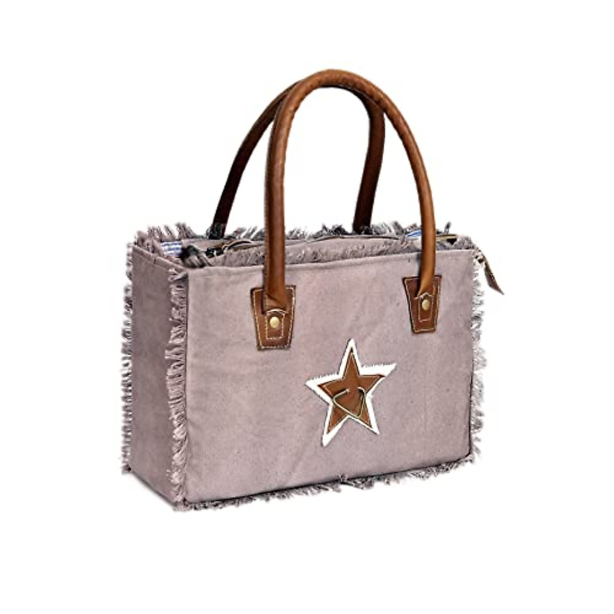 Ruzioon Upcycled Canvas Hand Bag, Upcycled Canvas & Cowhide Leather Tote Bag, Canvas Tote Bag for Women, Radiant Canvas Shoulder Bag