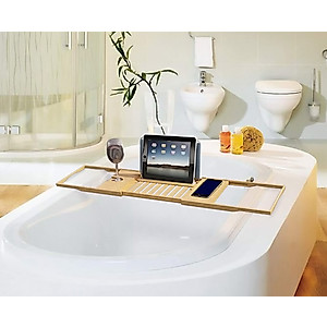 Bamboo Bathtub Tray - Wood Bath Caddy with Book, Phone, or Tablet Rest, Cup Holder, and Extended Sides for Bath Accessories by Home-Complete (Natural)