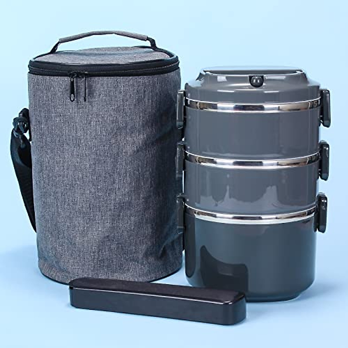 Thermal Lunch Box,YFBXG 3 Tier Stainless Steel Insulated Bento Lunch Container With Lunch Bag & Utensils (Gray, 3 Tier)