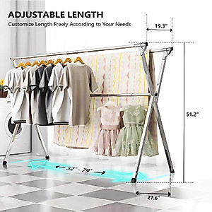 URYAN 79 Inches Stainless Steel Clothes Drying Rack, Heavy Duty Laundry Drying Rack Folding Indoor Outdoor, Portable Drying Rack Clothing, Free-Standing Laundry Stand with 20 Windproof Hooks