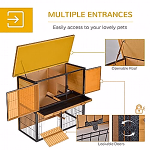 PawHut Wooden Rabbit Hutch Metal Frame Small Animal Habitat with No Leak Tray, Asphalt Openable Roof,Ramp and Lockable Door for Outdoor Light Yellow