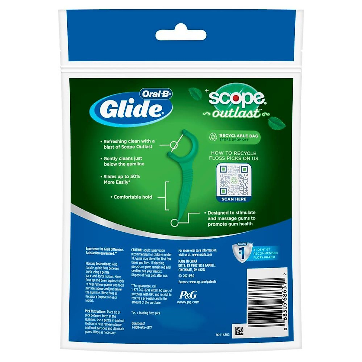 Oral-B Complete Glide Dental Floss Picks Plus Scope Outlast, Long Lasting Mint, 75 Dental Floss Picks, Green, Older Version, 450 Count, Pack of 6