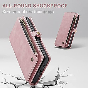 Defencase Galaxy S21 Ultra Wallet Case, PU Leather Magnetic Flip with Lanyard, Zipper Card Holder, Rose Pink